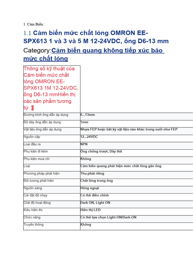 Cảm biến mức chất lỏng OMRON EE-SPX613 1 và 3 và 5 M 12-24VDC, ống D6-13 mm Cảm biến quang không ...