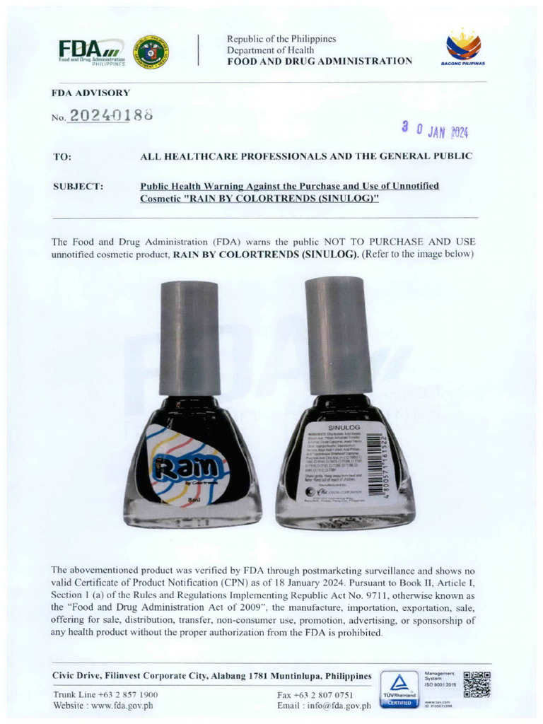 FDA Advisory No.2024 0188 | PDF