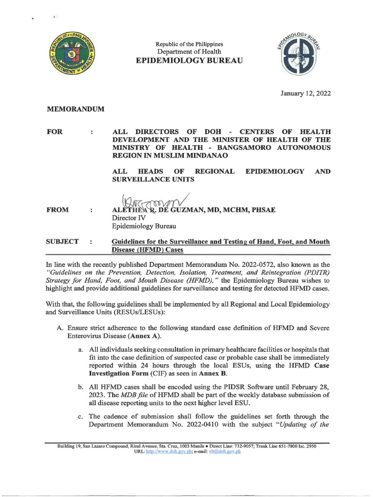 Memo - Guidelines For The Surveillance and Testing of Hand, Foot, and ...