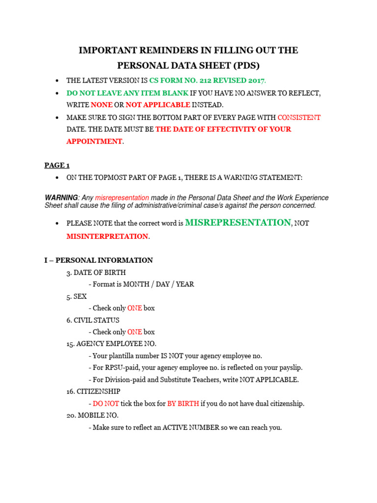 Instructions On How To Fill Out The PDS | PDF | Government And Personhood