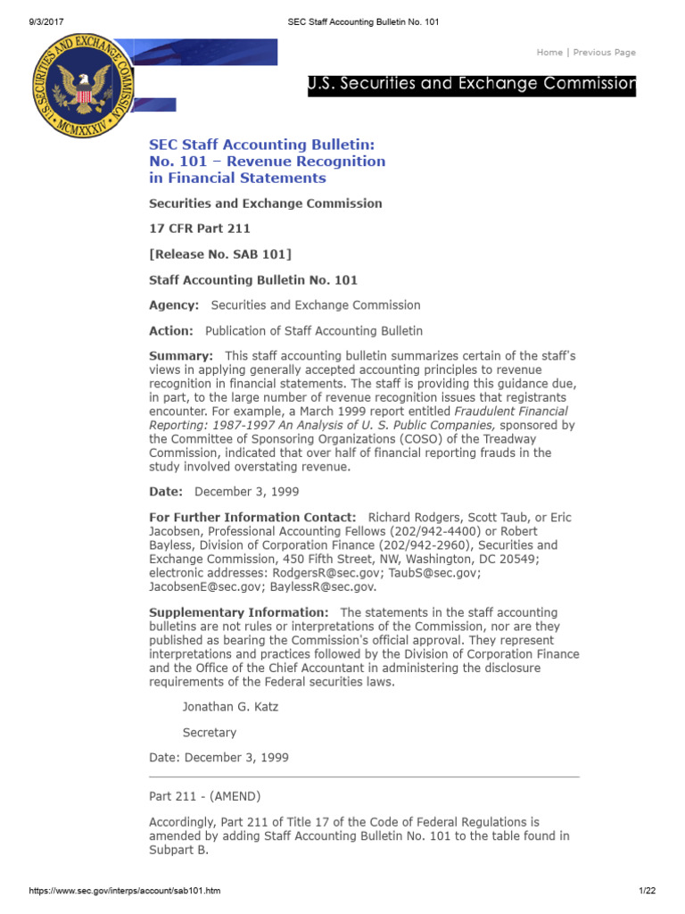 SEC Staff Accounting Bulletin No 101 | Download Free PDF | Financial ... SEC Staff Accounting Bulletin No 101 | Download Free PDF | Financial ...