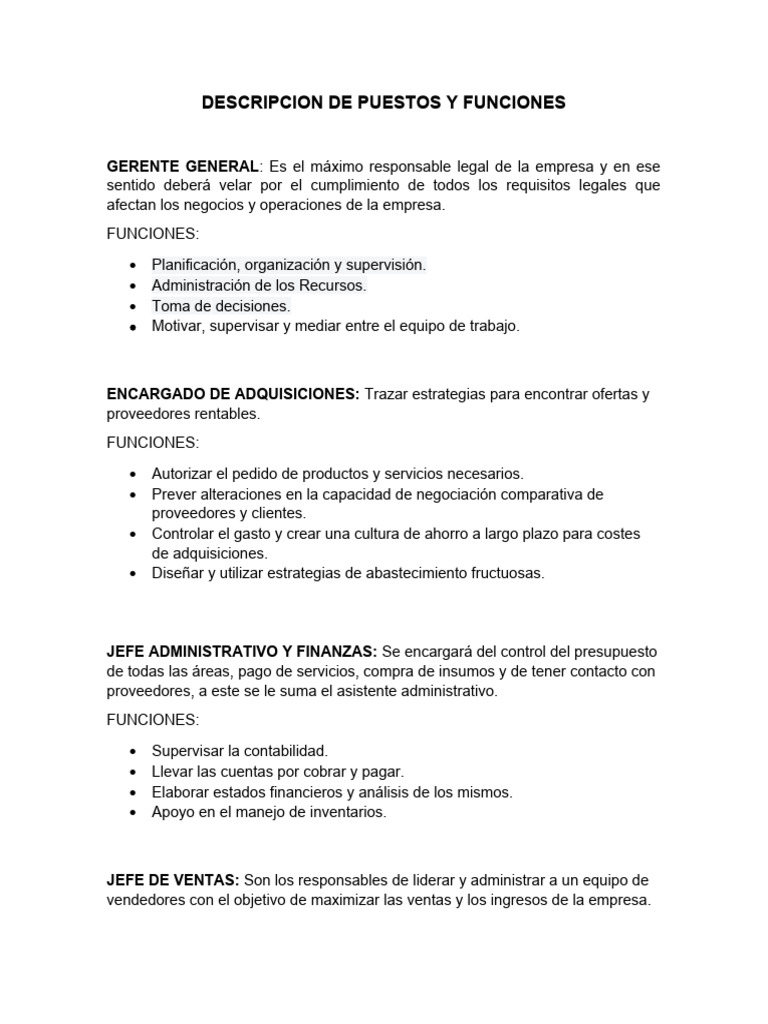 Descripcion de Puestos y Funciones | PDF | Business | Negocios económicos