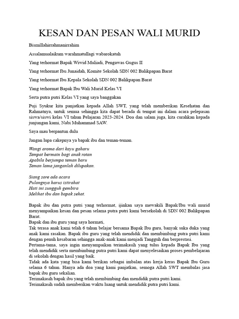 Kesan dan Pesan Wali Murid Kelas VI | PDF | Kesehatan Holistik