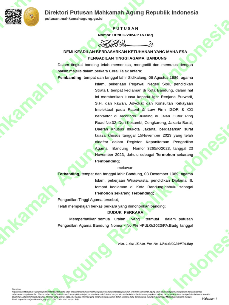 Putusan 1 PDT.G 2024 Pta - BDG 20240119095239 | PDF