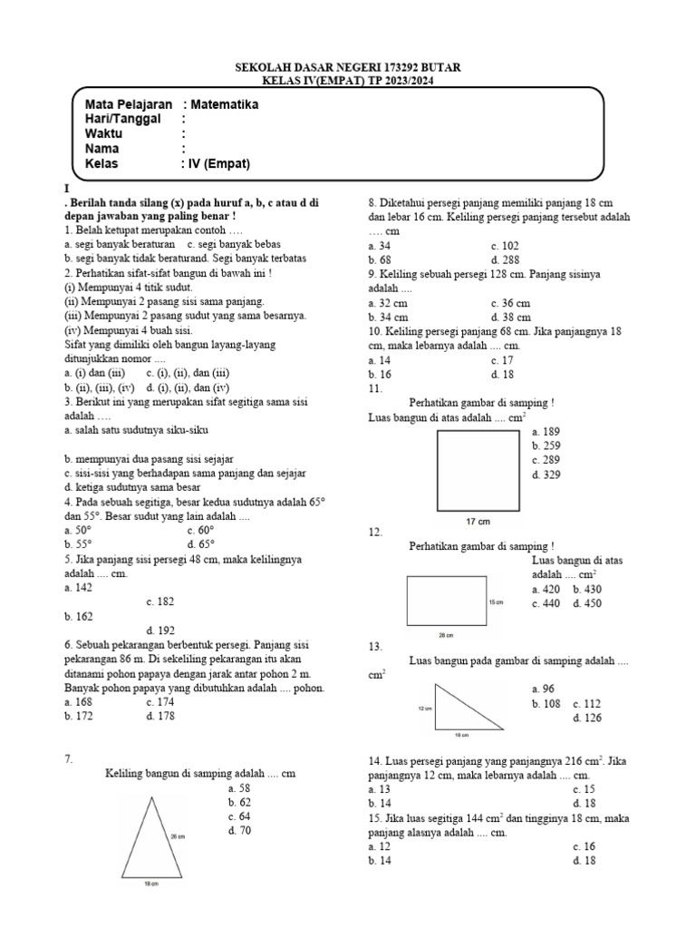Soal PTS-Matematika Kelas 4 Semester 2 Tahun Ajaran | PDF