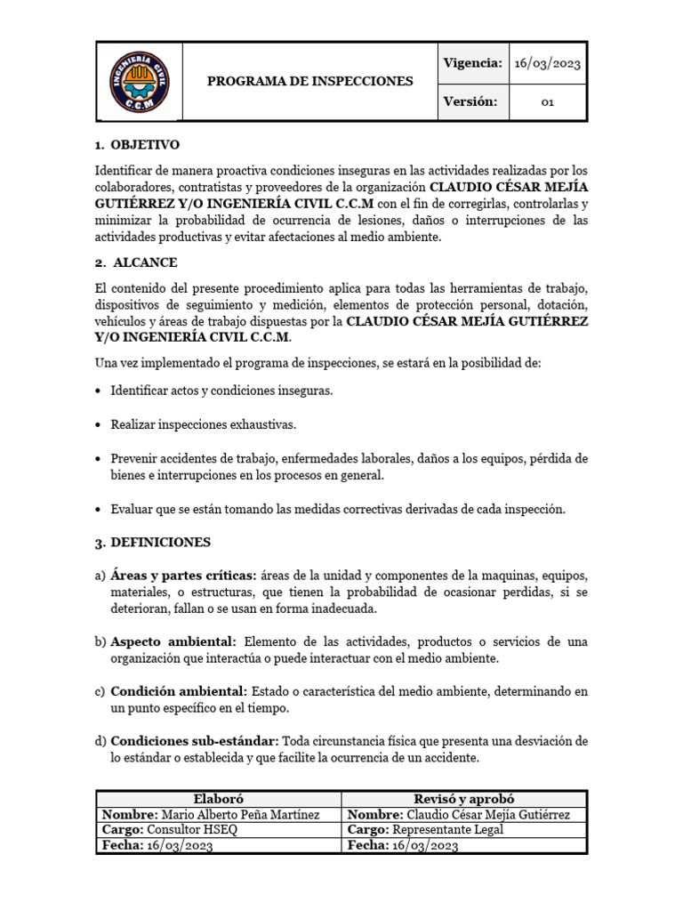 Programa de Inspecciones - CCGM | PDF | Riesgo | Entorno natural