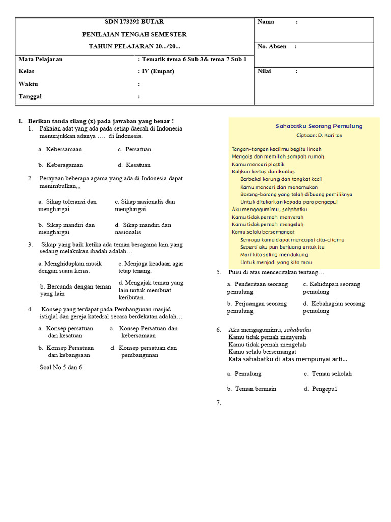 SOAL PTS TEMA 6 SUB 3 DAN TEMA 7 SUB 1 Kelas 4 Smt 2 (datadikdasmen.com) | PDF
