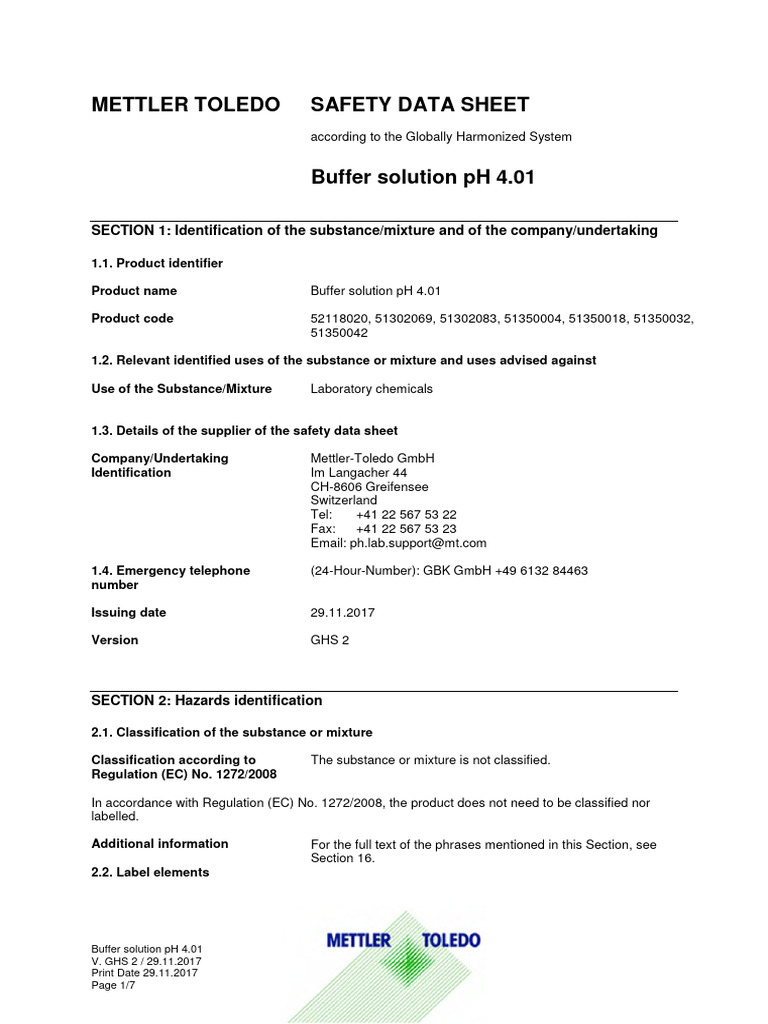 pH 4 Buffer Solution Safety Data Sheet | PDF | Personal Protective ...