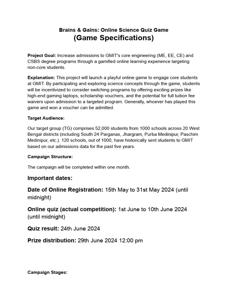 Brains & Gains - Game Specifications | PDF