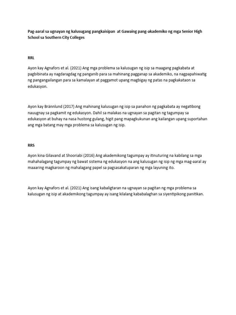 Pag Aaral Sa Ugnayan NG Kalusugang Pangkaisipan at Gawaing Pang ...