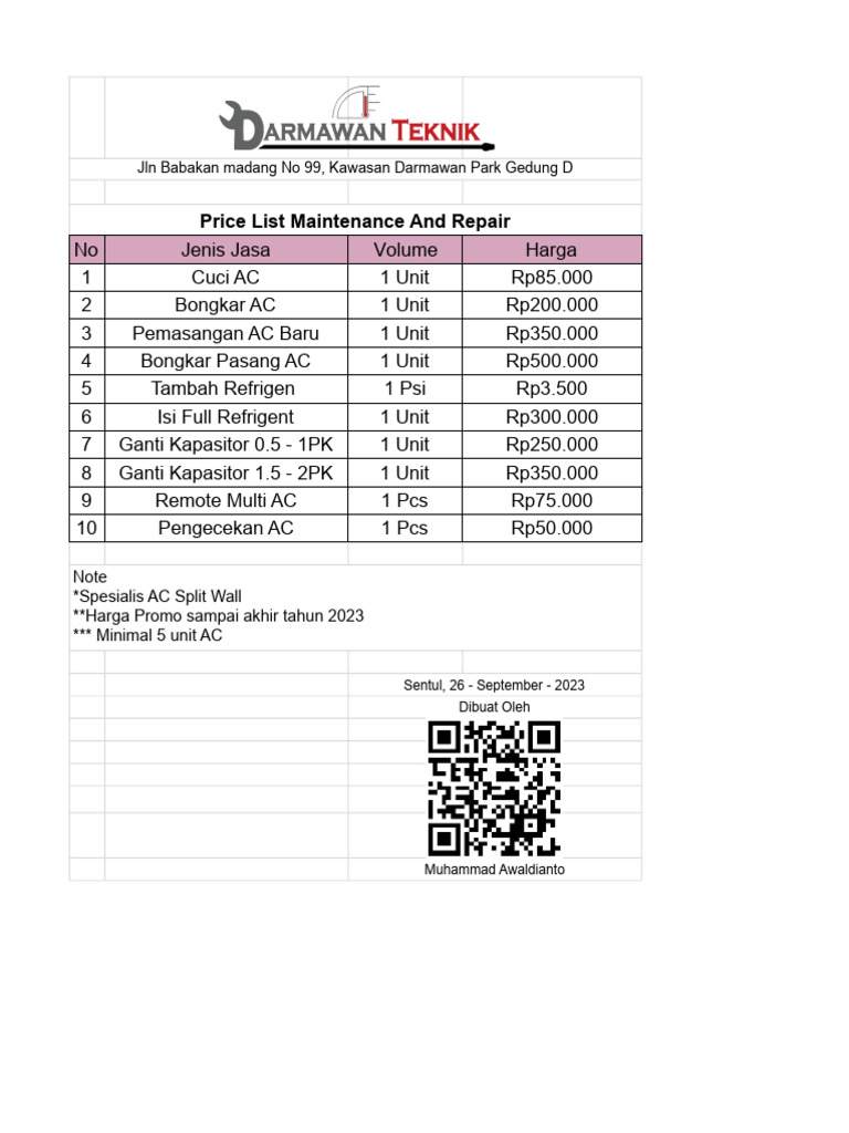 Price List Service Dan Maintenance AC | PDF