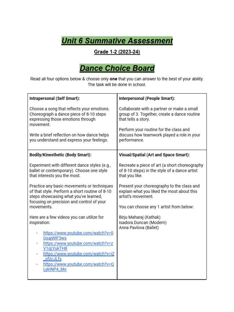 Dance Choice Board 1 | PDF | Dances | Choreography