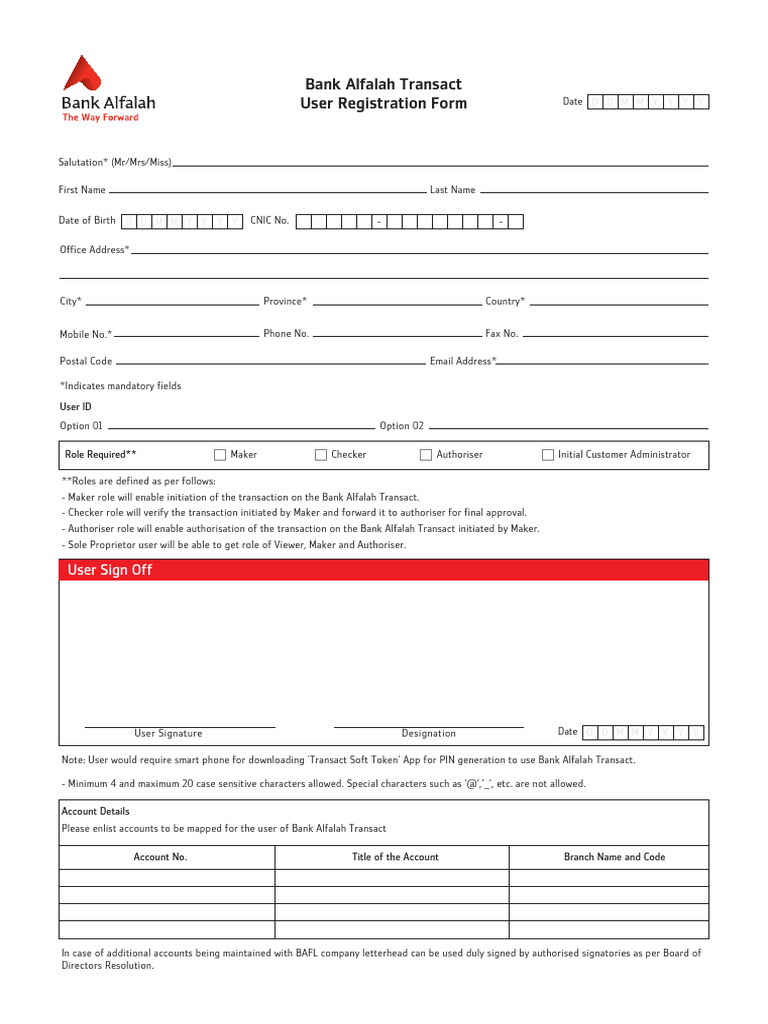 19-User-Registration-Form-Alfalah-Transact-131021 | PDF | Banks | Cheque