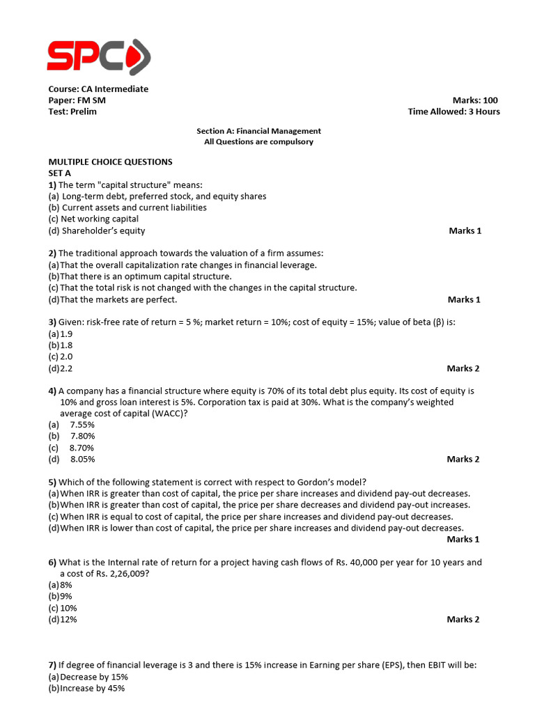 FM SM QP | PDF | Cost Of Capital | Equity (Finance)