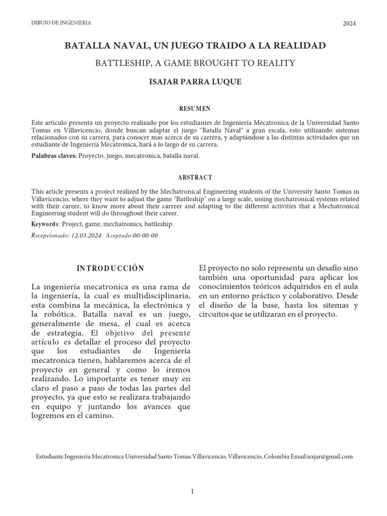Articulo Cientifico Proyecto Batalla Naval Entrega Primer Corte Isajar Parra Luque IMT1B | PDF ...