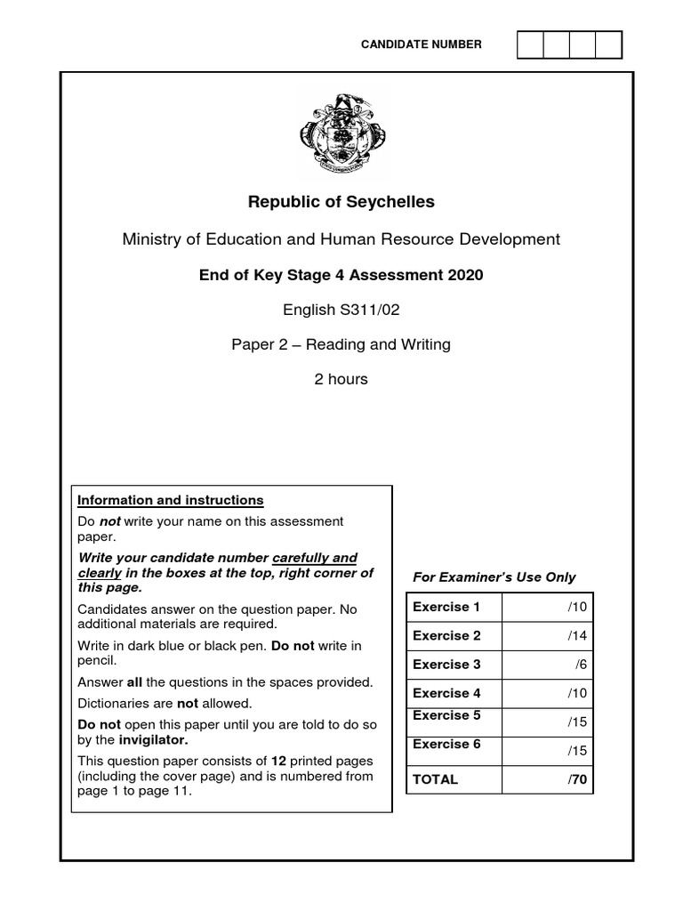 Seychelles English-Paper-2-Reading-and-Writing-2020 | PDF | Snoring ...