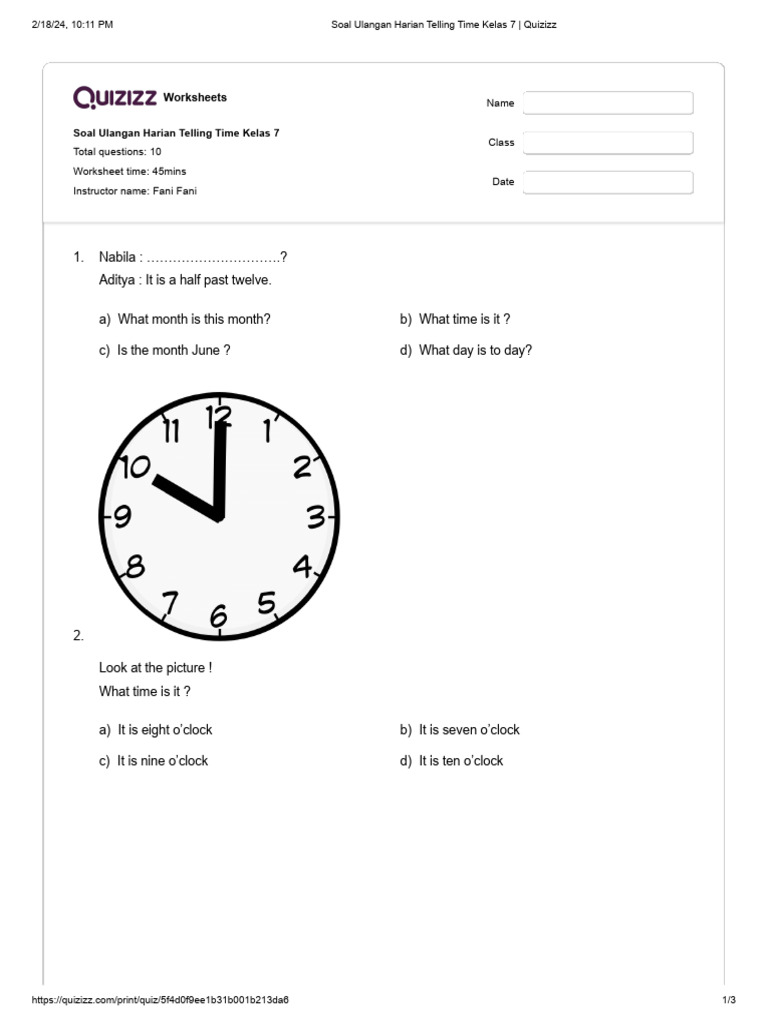 Soal Ulangan Harian Telling Time Kelas 7 Quizizzzz Pdf