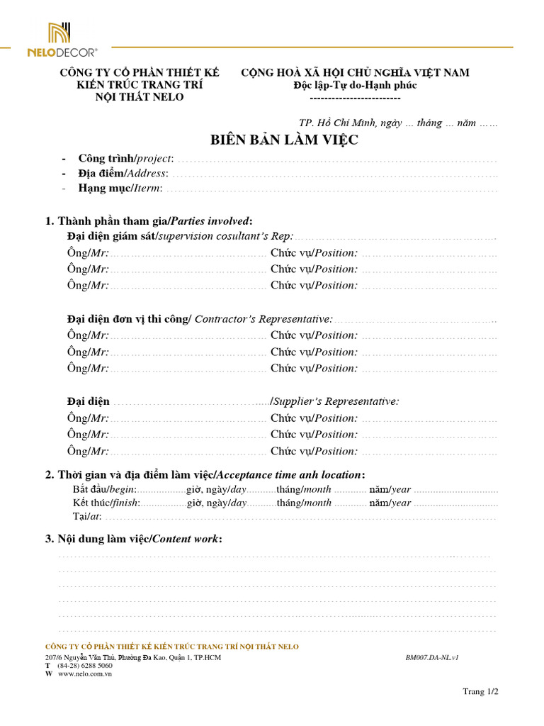 007BM.DA.V1 - Mẫu Biên bản làm việc - Công trường | PDF