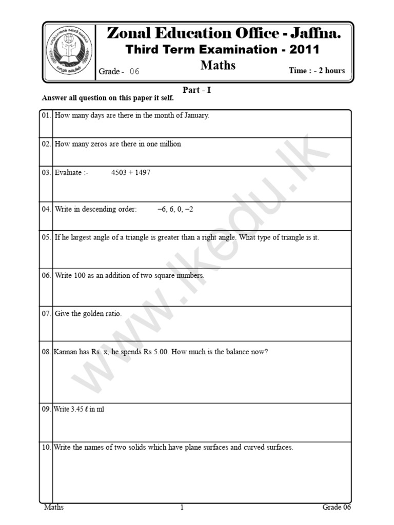 G6EM Maths 3nd (2011) Jaffna Zone | PDF | Triangle | Area