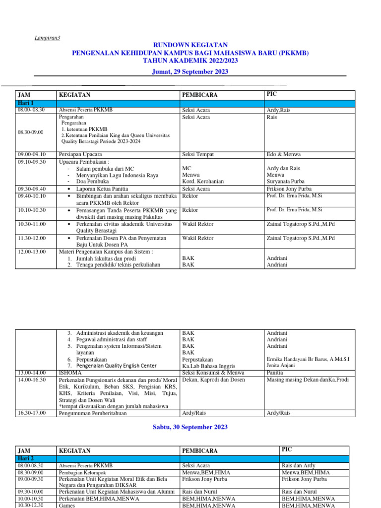 Rundown PKKMB Mahasiswa Baru 2023 | PDF