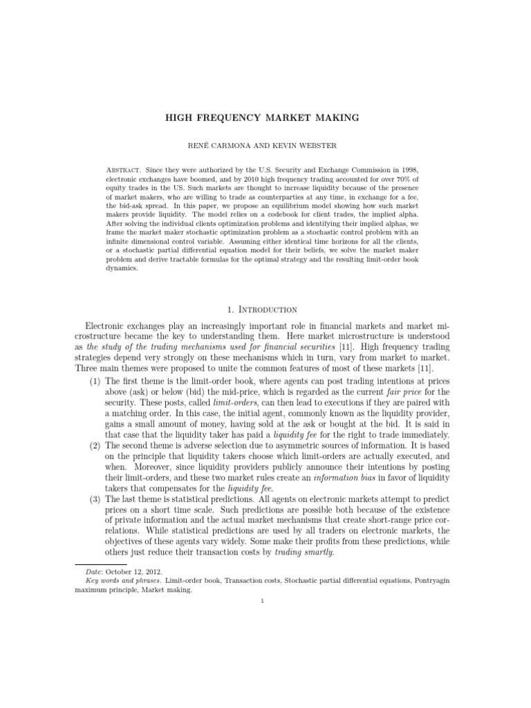 High Frequency Market Making Dynamics | PDF | Market (Economics ...