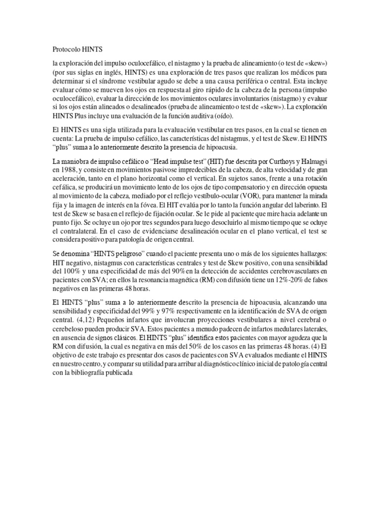 Evaluación HINTS en Síndrome Vestibular | PDF | Medicina | Sistema nervioso