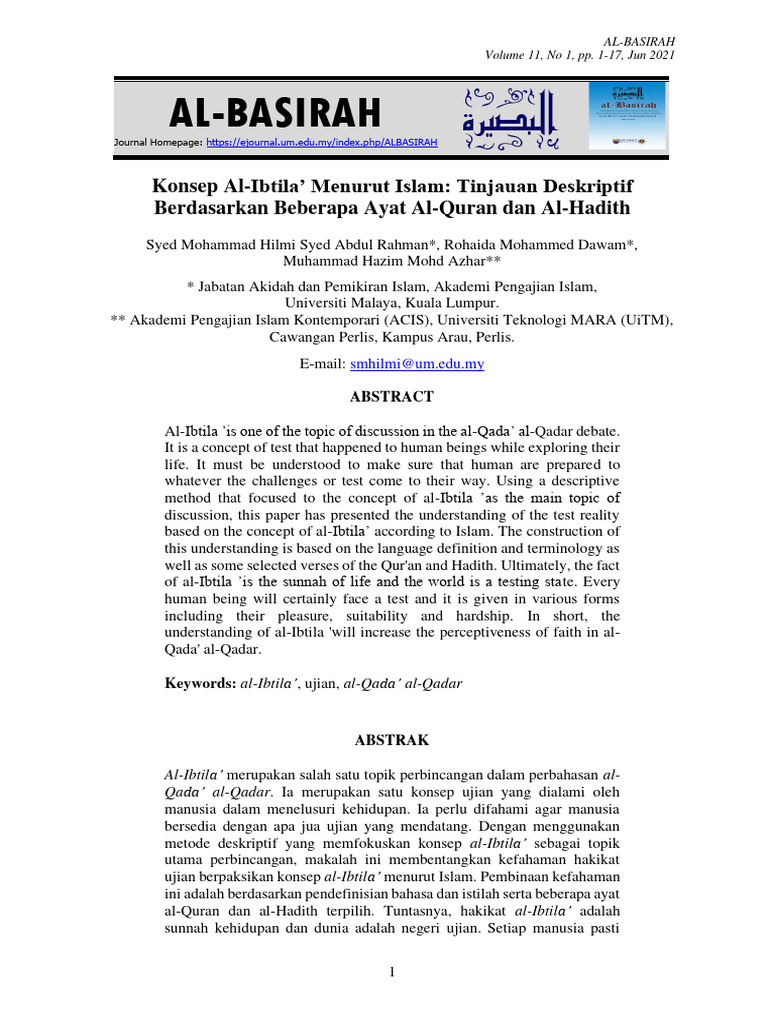 Konsep Al-Ibtila' Menurut Islam: Tinjauan Deskriptif Berdasarkan Beberapa Ayat Al-Quran Dan Al ...