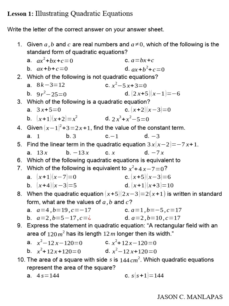 Quadratic Equations | PDF | Equations | Algebra