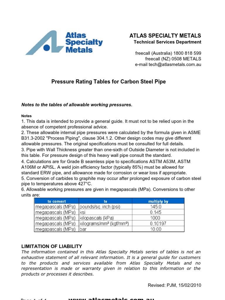 Guide to Allowable Working Pressures for Carbon Steel Pipes | PDF ...