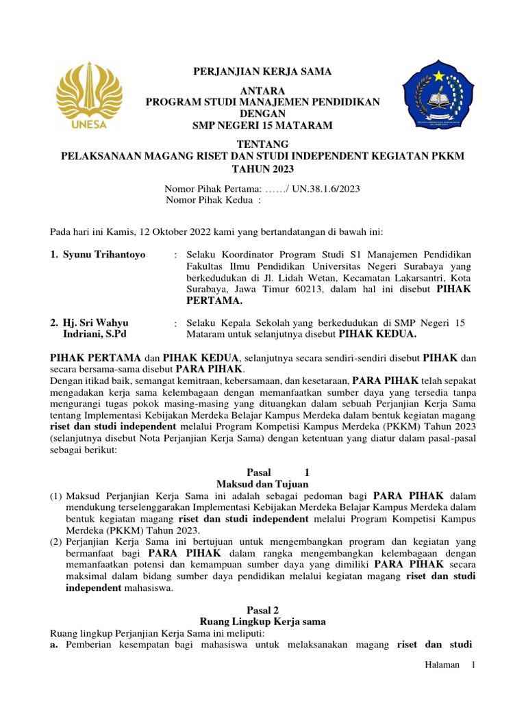 MoU Kerjasama Magang SMPN 15 Mataram-1 | PDF | Karier & Perkembangan