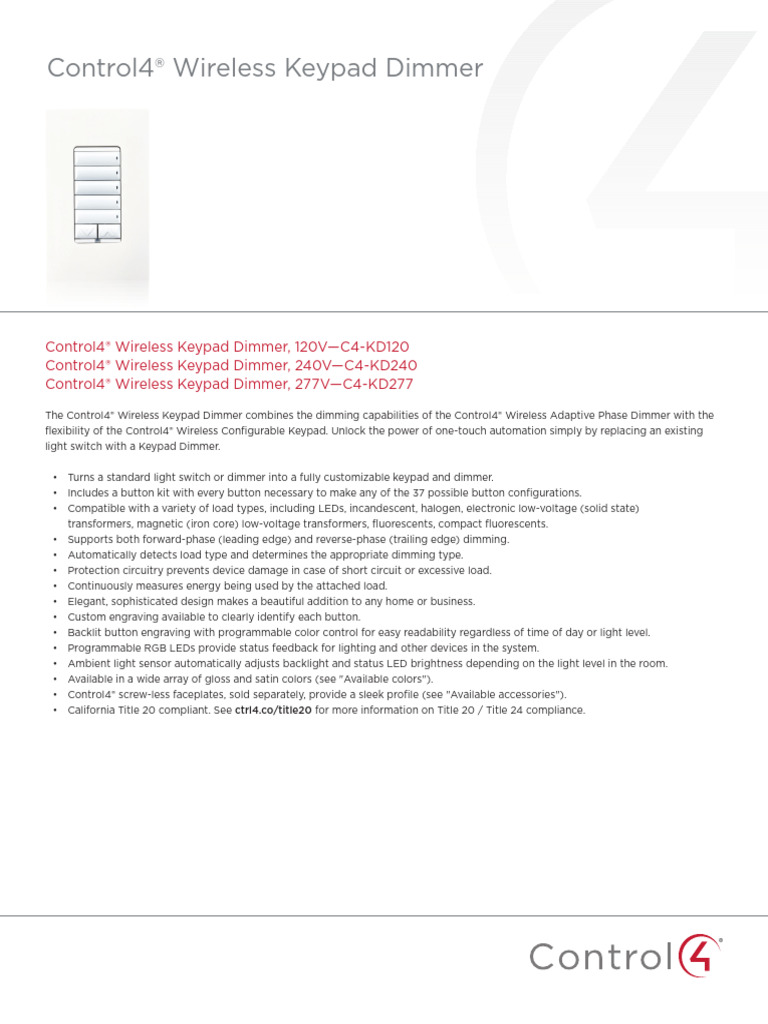 Wireless Keypad Dimmer Data Sheet Rev B | Download Free PDF | Compact ...
