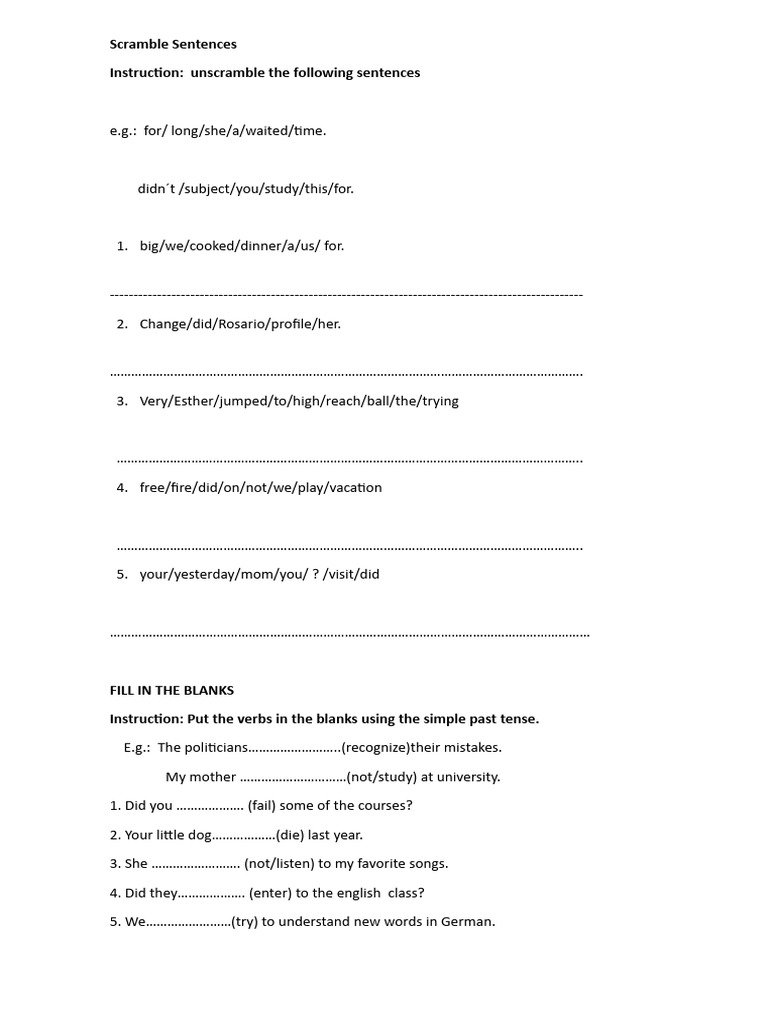 Scrambled Sentences and Past Tense Exercises | PDF