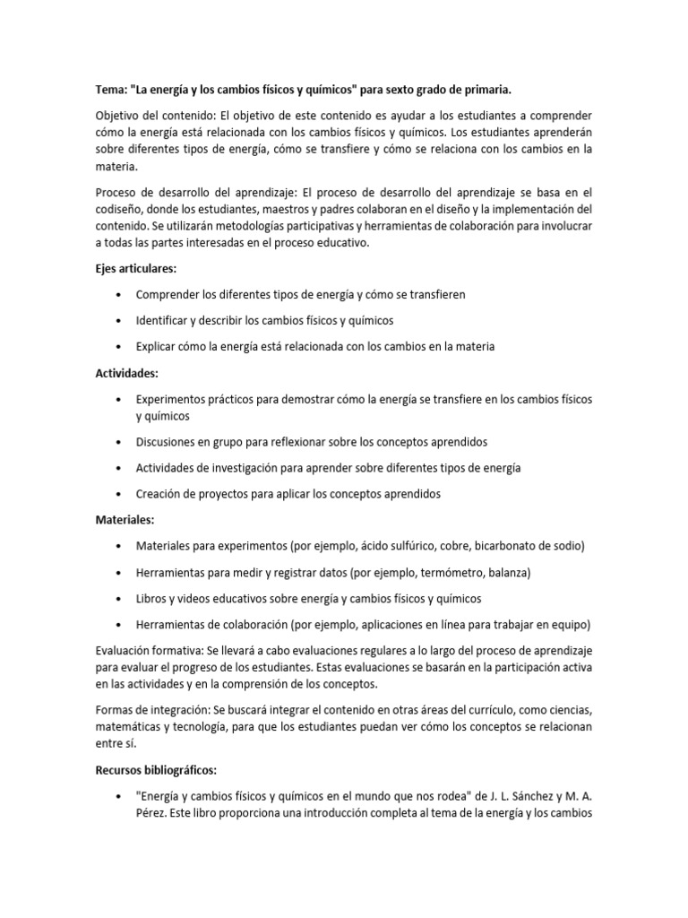 La Energía y Los Cambios Físicos y Químicos Para Sexto Grado de ...