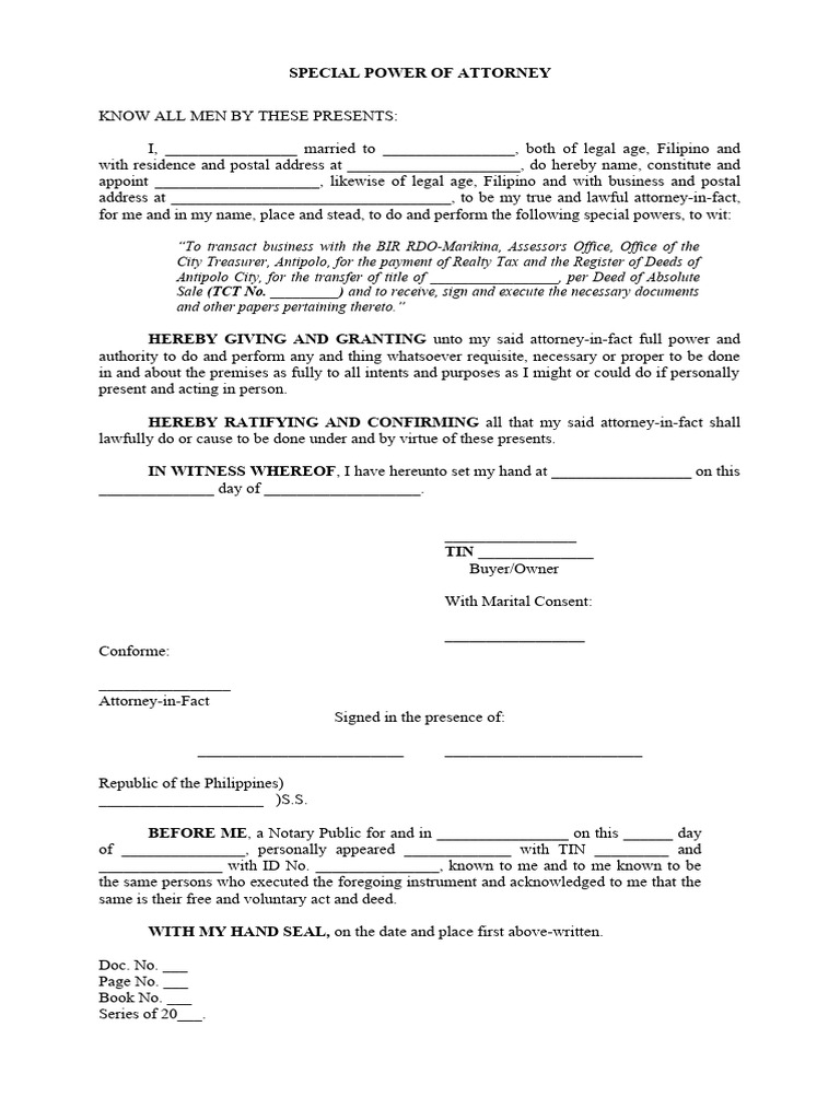 Special Power of Attorney Template | PDF | Power Of Attorney | Deed
