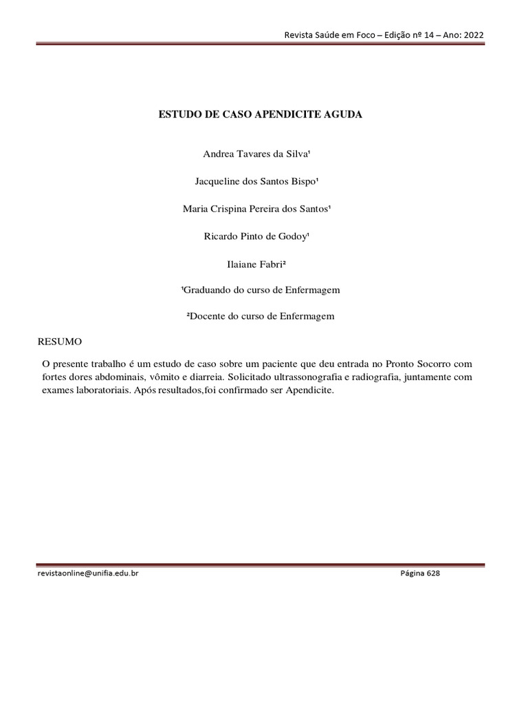 Estudo de Caso Apendicite Aguda. Pág 628 À 636 | PDF | Enfermagem | Remédio