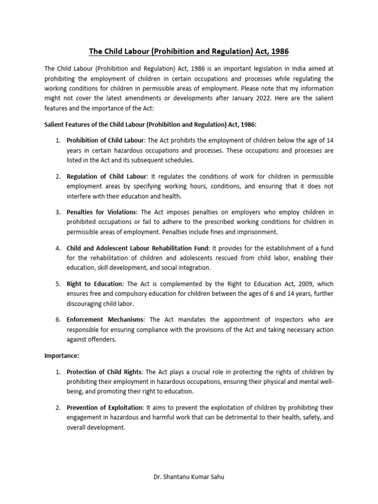 The Child Labour - Prohibition and Regulation - Act, 1986 | PDF | Child ...