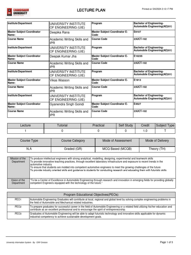 LecturePlan AE201 23UCT-102 | PDF | Engineering | Simulation