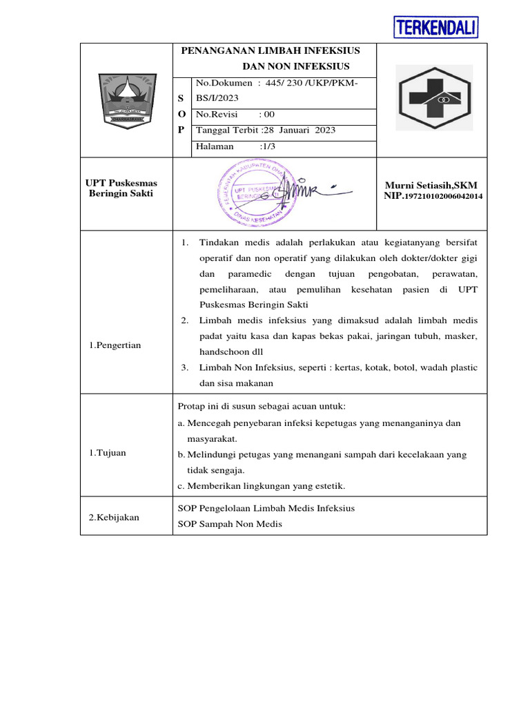 Sop Penanganan Limbah Infeksius Dan Non Infeksius | PDF | Sains & Matematika