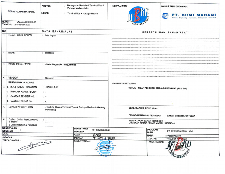 Approval - Bata Ringan Blesscon | PDF