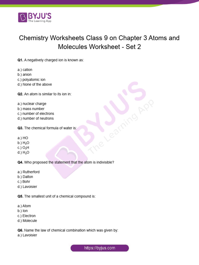 Chapter 3 Atoms and Molecules Worksheet Questions Set 2 | PDF | Mole (Unit) | Ion