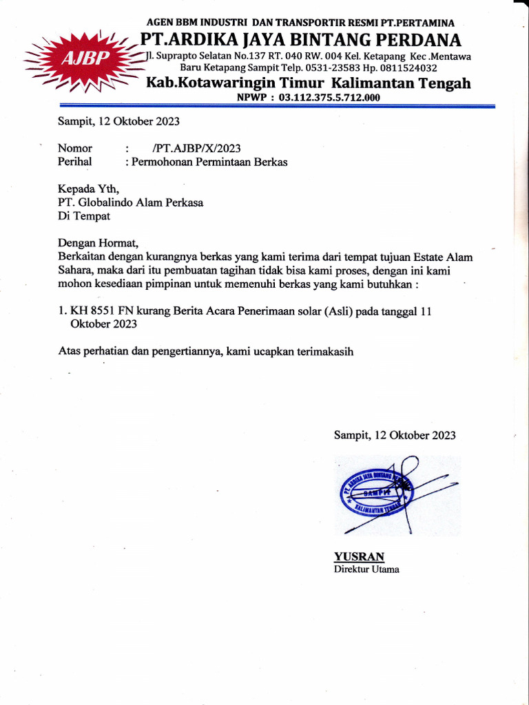 Surat Permohonan Permintaan Berkas BAP PT. Globalindo Alam Perkasa ... Surat Permohonan Permintaan Berkas BAP PT. Globalindo Alam Perkasa ...