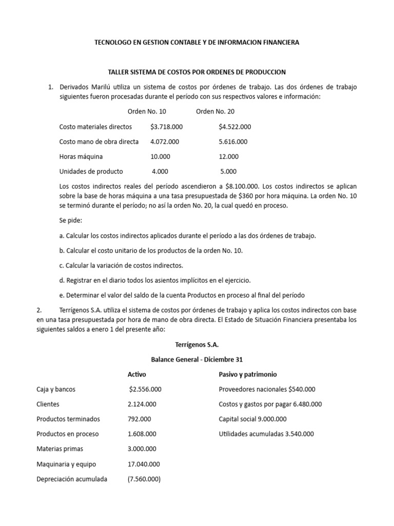 Taller 2 Cif Costos Por Ordenes de Produccion | PDF | Contabilidad ...
