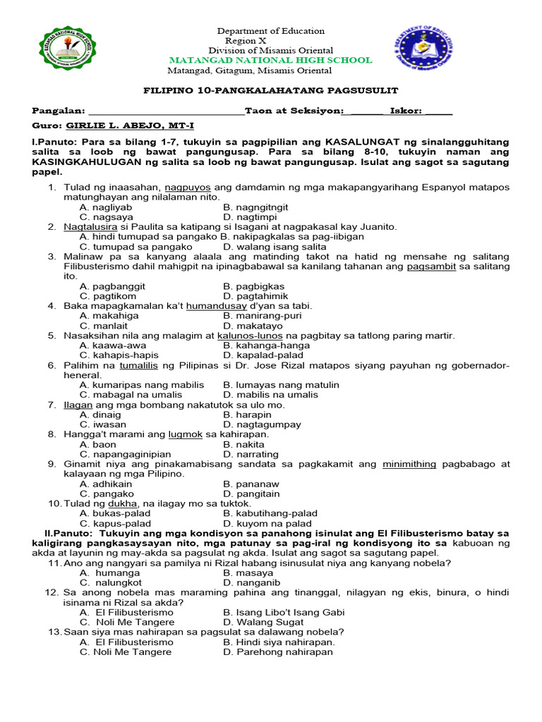 Filipino 10 - Pangkalahatang Pagsusulit | PDF
