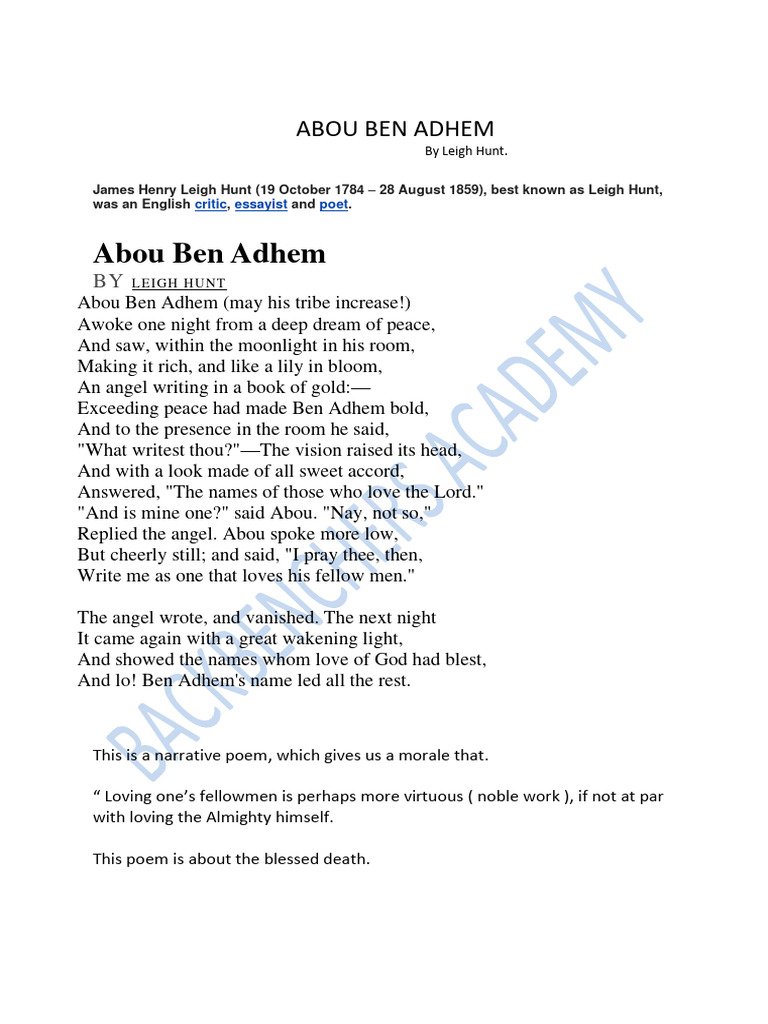 Abou Ben Adhem, Treasure Trove, English Literature, Icse, Class-10 ...