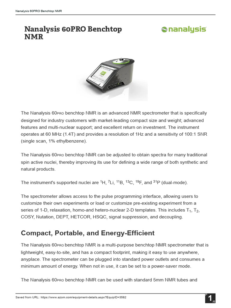 Nanalysis 60PRO Benchtop NMR | PDF | Nuclear Magnetic Resonance | Magnetic Devices