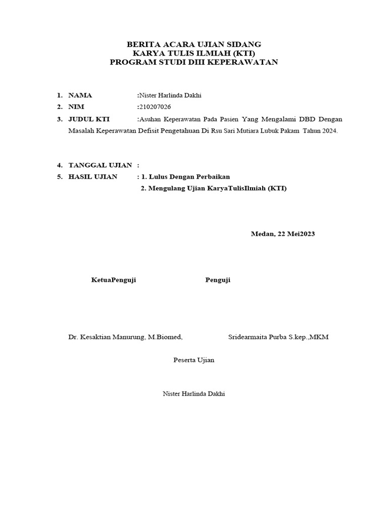 Berita Acara Ujian Hasil Kti 2023 | PDF | Metode & Bahan Ajar