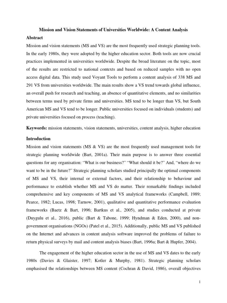 Mission and Vision Statements of Universities Worldwide - FV | PDF ...