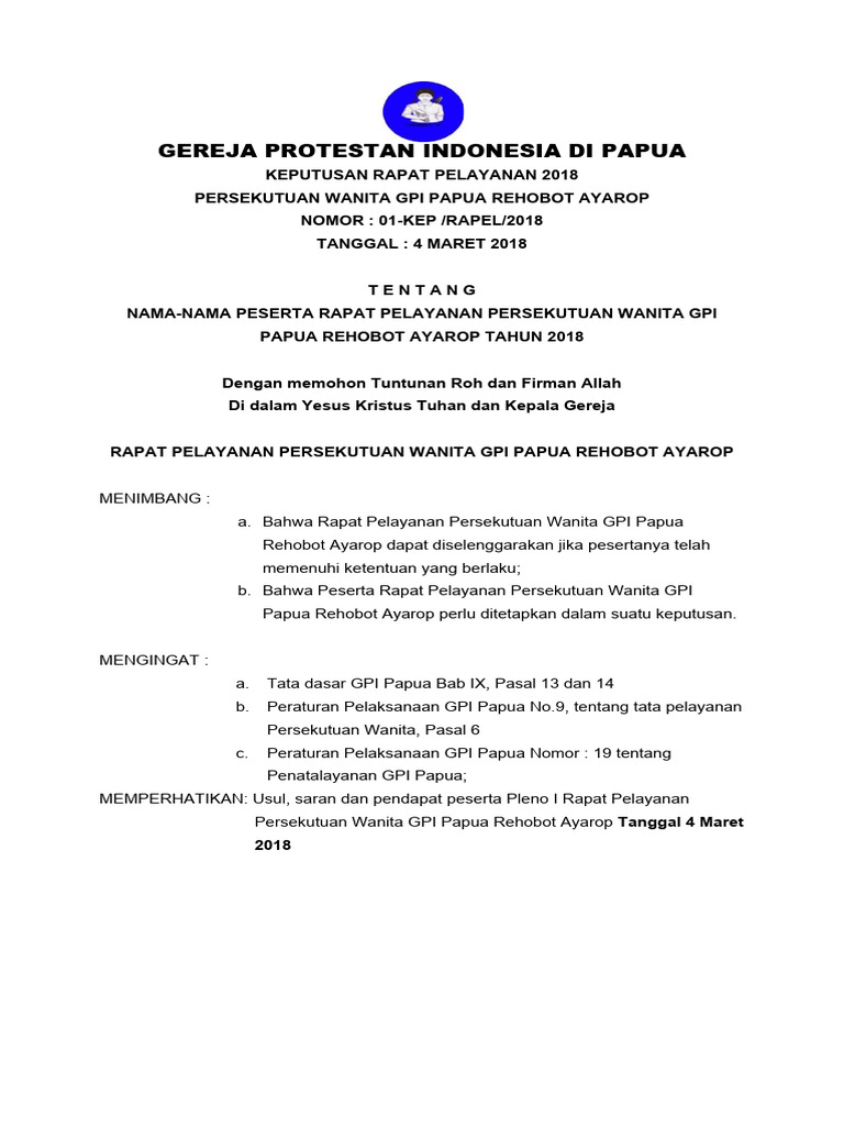 Keputusan Rapat Pelayanan GPI Papua 2018 | PDF