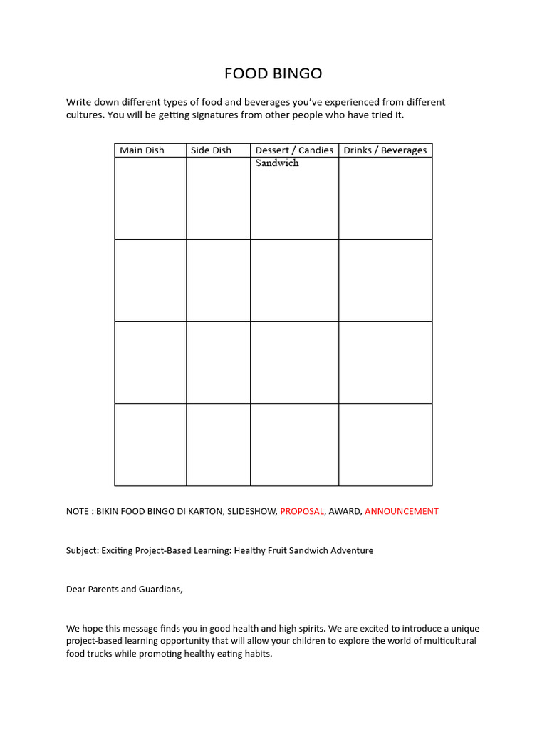 Food Bingo | PDF | Sandwich | Foods