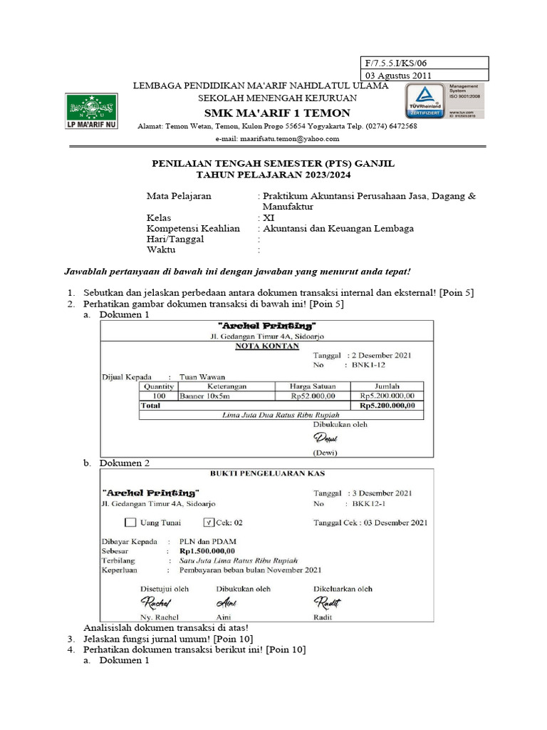 SOAL PTS Kelas XI Sem Ganjil 2023-2024 (Prakt. Akuntansi Perusahaan Jasa) | PDF